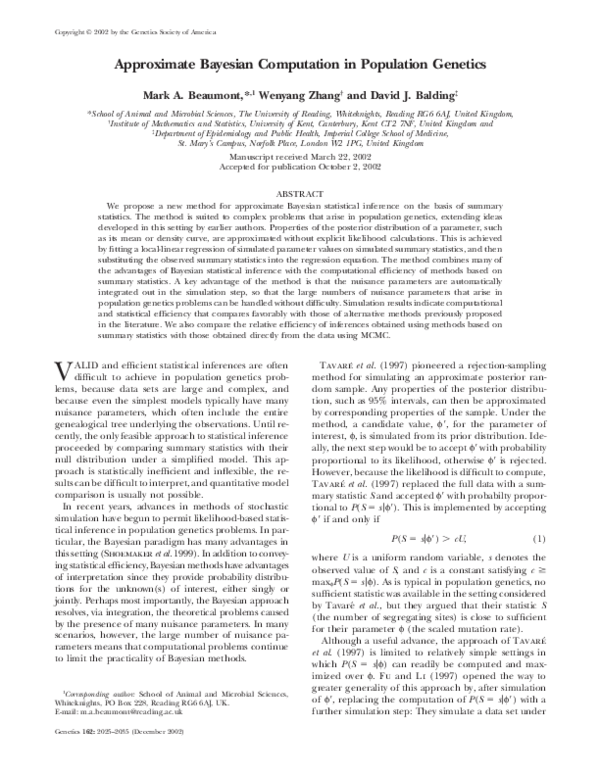 Pdf Approximate Bayesian Computation In Population Genetics David Balding