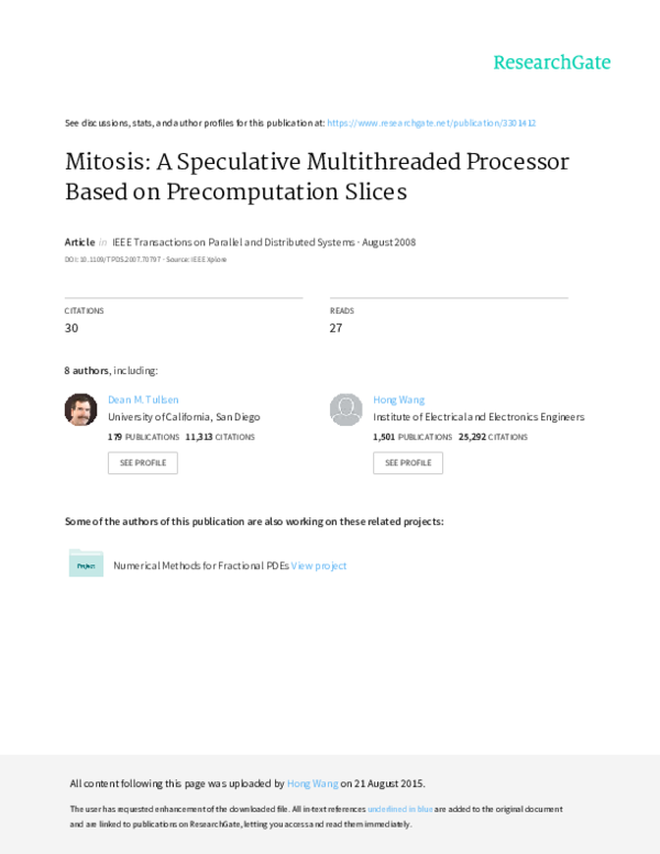 (PDF) Mitosis: A speculative multithreaded processor based on precomputation slices