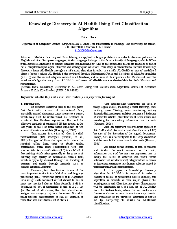Pdf Knowledge Discovery In Al Hadith Using Text Classification Algorithm