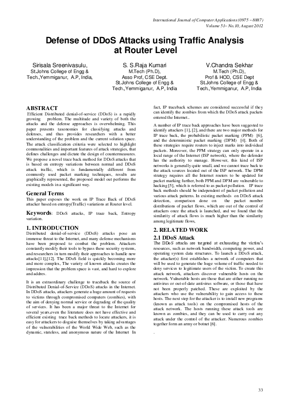 Pdf Defense Of Ddos Attacks Using Traffic Analysis At Router Level