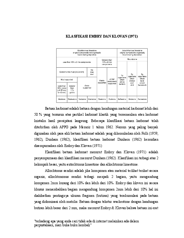 (DOC) Klasifikasi Batuan Karbonat Menurut Embry dan Klovan Tahun 1971