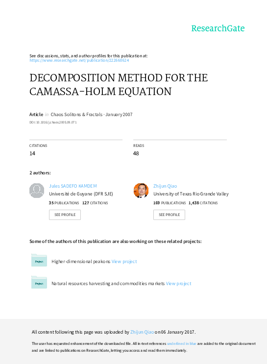 Pdf Decomposition Method For The Camassa Holm Equation