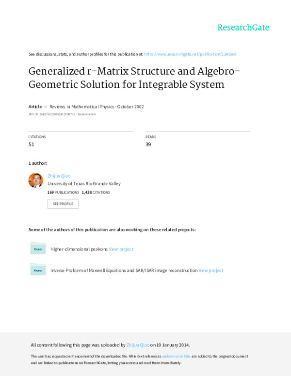 (PDF) GENERALIZED r-MATRIX STRUCTURE AND ALGEBRO-GEOMETRIC SOLUTION FOR INTEGRABLE SYSTEM
