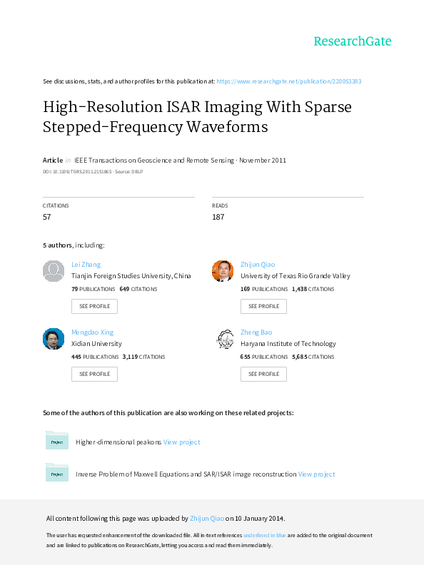 (PDF) High-Resolution ISAR Imaging With Sparse Stepped-Frequency Waveforms