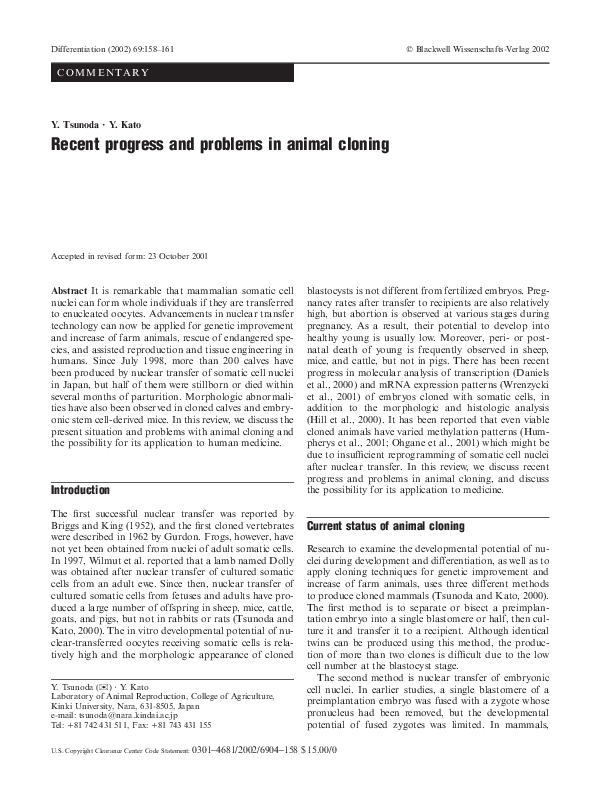 (PDF) Recent progress and problems in animal cloning