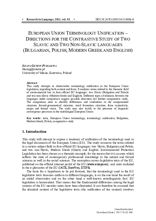 (PDF) European Union Terminology Unification - Directions for the ...