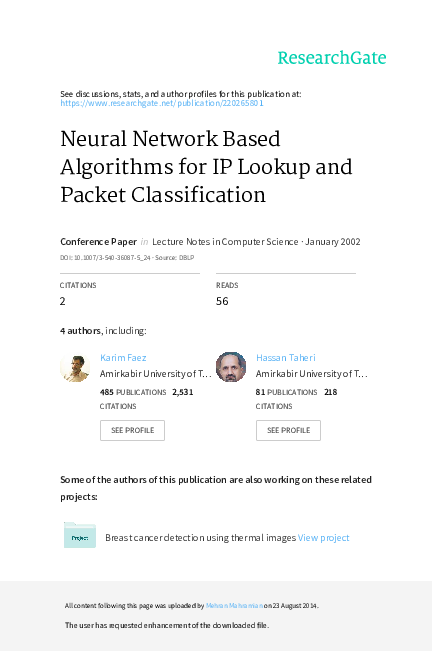 Pdf Neural Network Based Algorithms For Ip Lookup And Packet