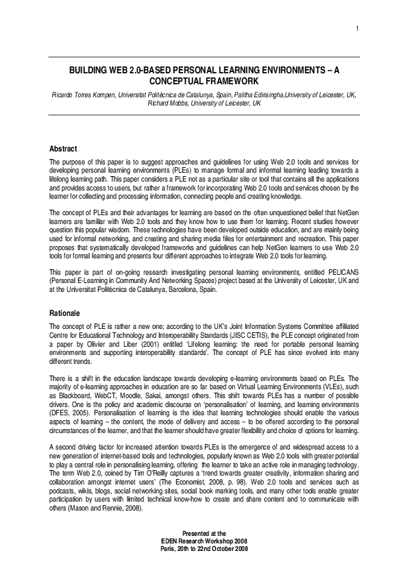 (PDF) Building Web 2.0-BASED Personal Learning Environments - a Conceptual Framework | Palitha ...