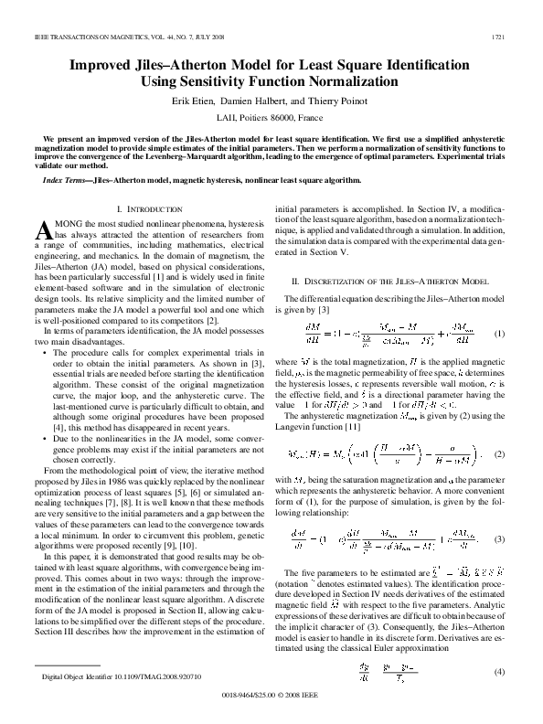 Pdf Improved Jilesatherton Model For Least Square Identification Using Sensitivity Function