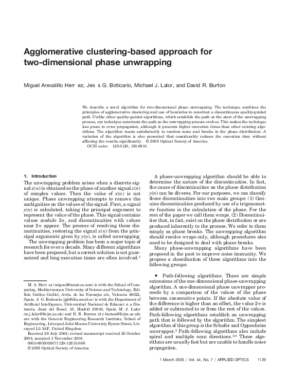 (PDF) Agglomerative clustering-based approach for two-dimensional phase unwrapping