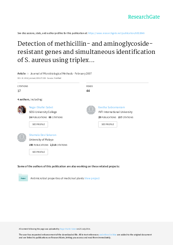 Pdf Detection Of Methicillin And Aminoglycoside Resistant Genes And