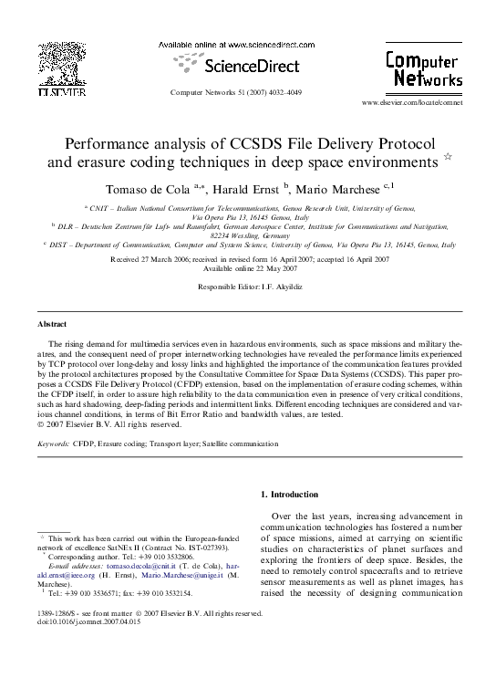 (PDF) Performance analysis of CCSDS File Delivery Protocol and erasure coding techniques in deep ...