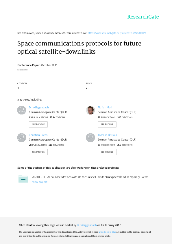 (PDF) Space Communications Protocols for Future Optical Satellite-Downlinks