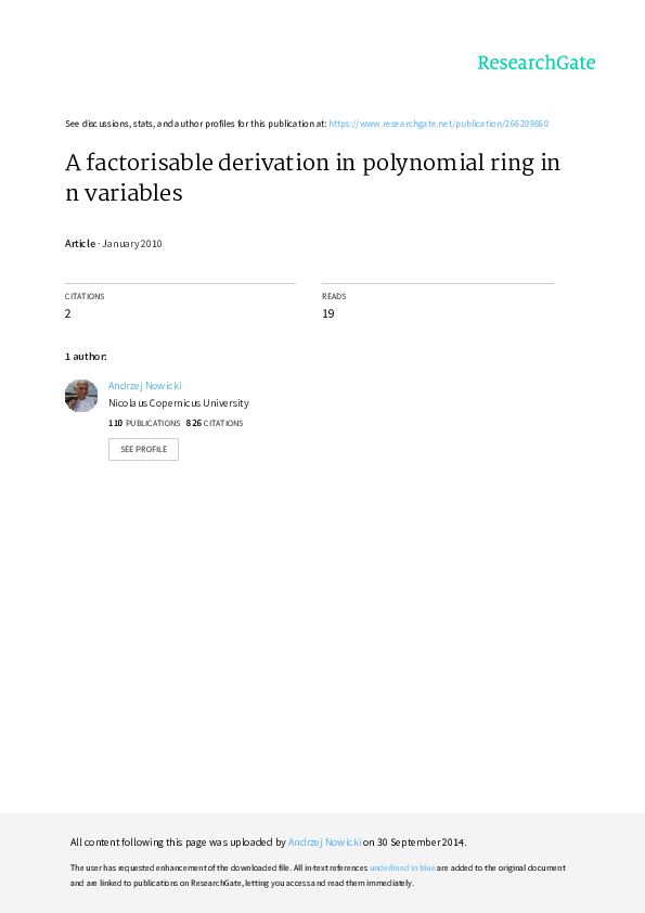 (PDF) A factorisable derivation in polynomial ring in n variables