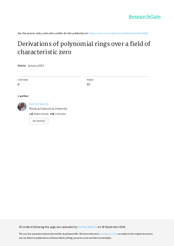 (PDF) Derivations of polynomial rings over a field of characteristic zero