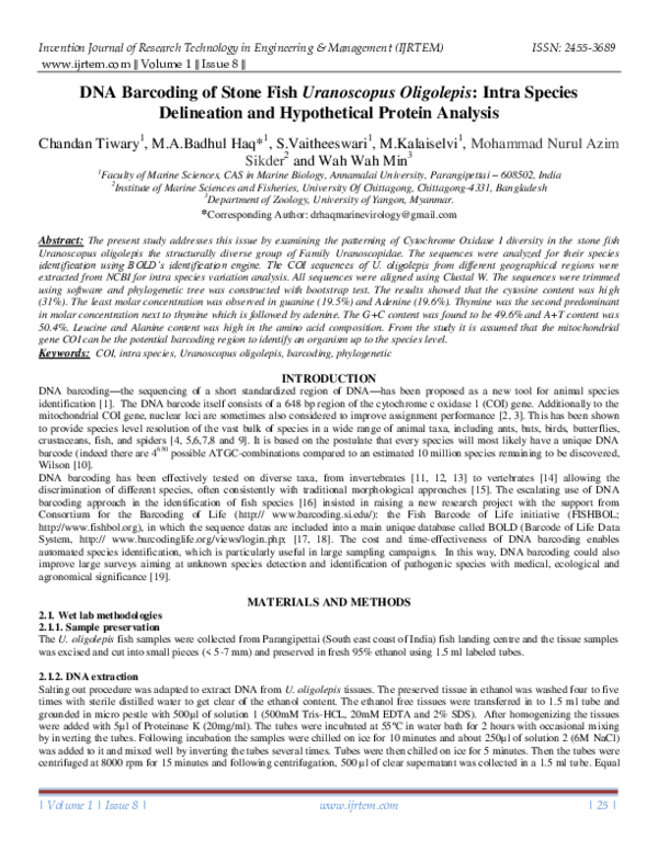 (PDF) DNA Barcoding of Stone Fish Uranoscopus Oligolepis: Intra Species ...