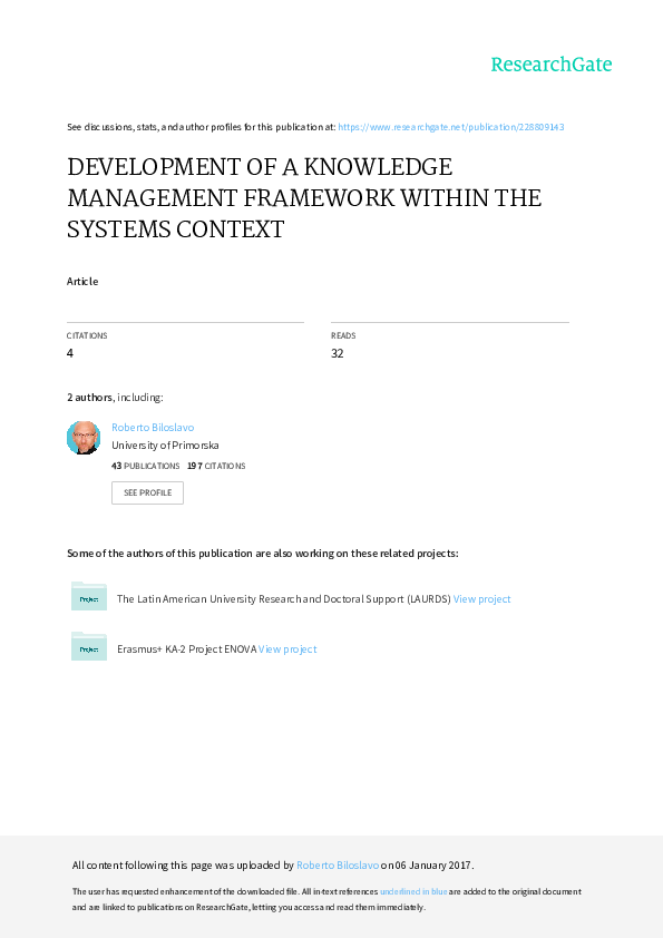 (PDF) Development of a Knowledge Management Framework Within the Systems Context