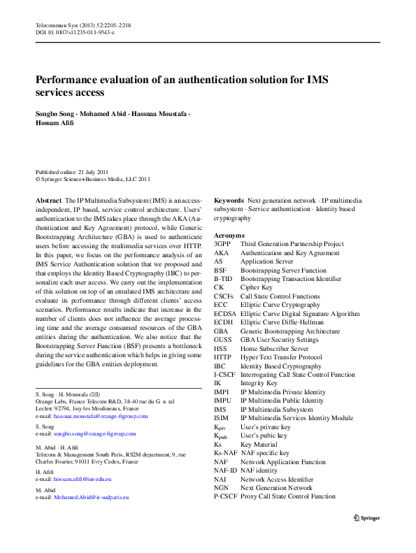 Pdf Performance Evaluation Of An Authentication Solution For Ims Services Access