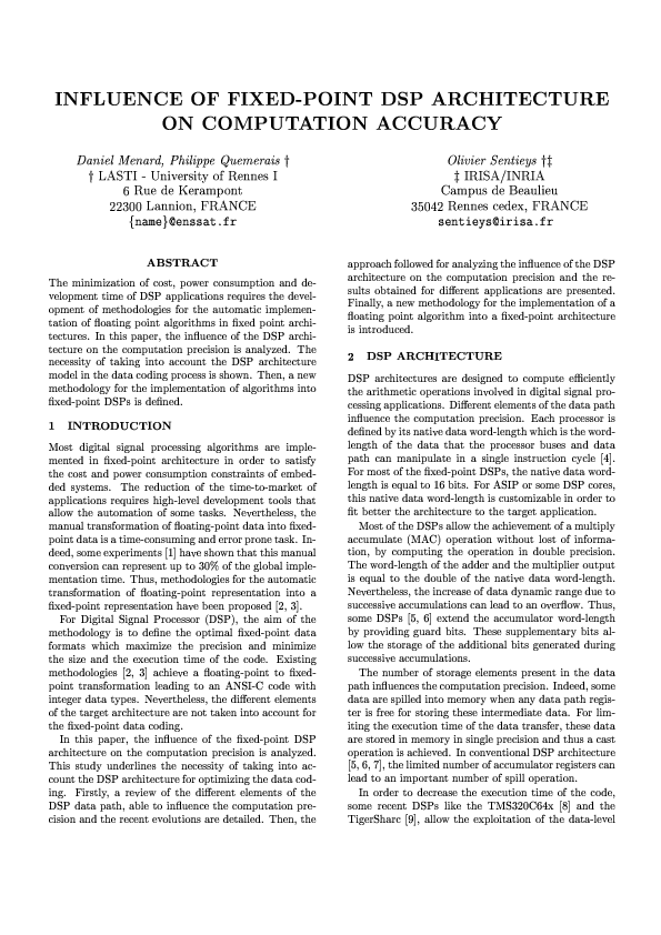 Pdf Influence Of Fixed Point Dsp Architecture On Computation Accuracy