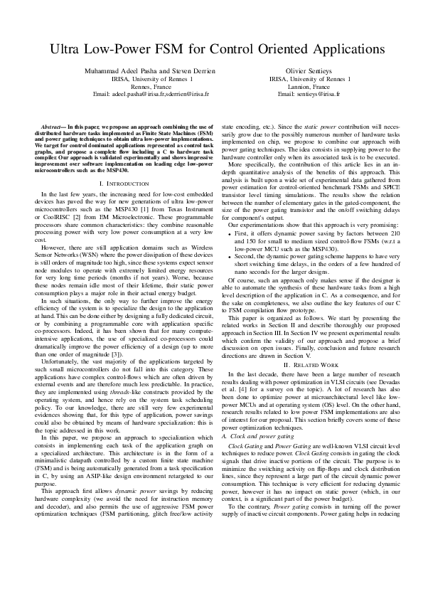 (PDF) Ultra low-power FSM for control oriented applications