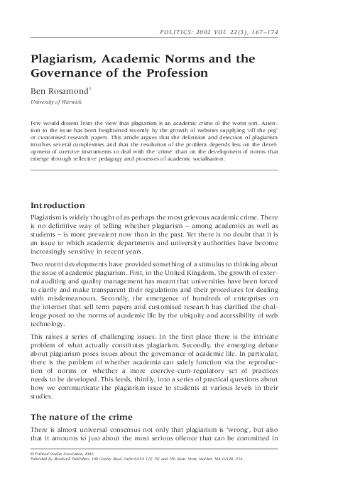 (PDF) Plagiarism, academic norms and the governance of the profession