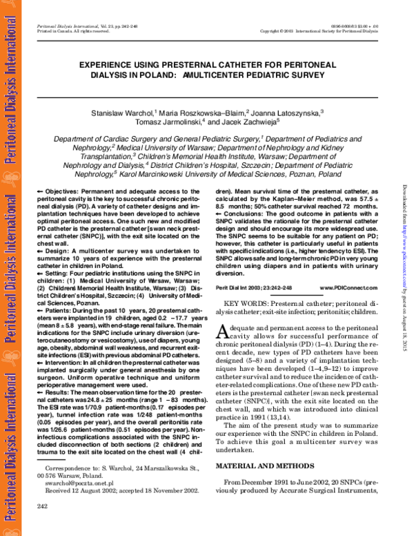 (PDF) Experience using presternal catheter for peritoneal dialysis in ...