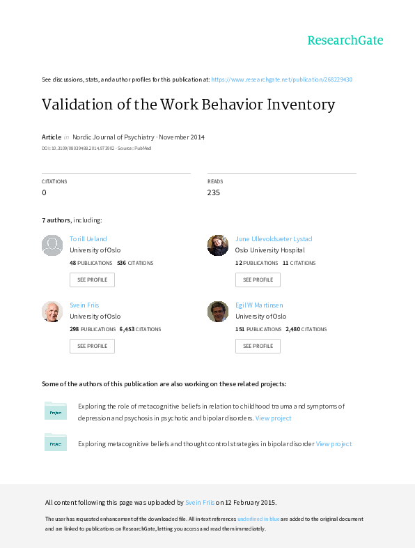 (PDF) Validation of the Work Behavior Inventory