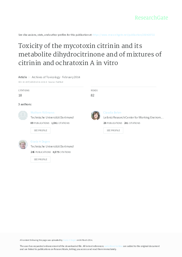 (PDF) Toxicity of the mycotoxin citrinin and its metabolite ...