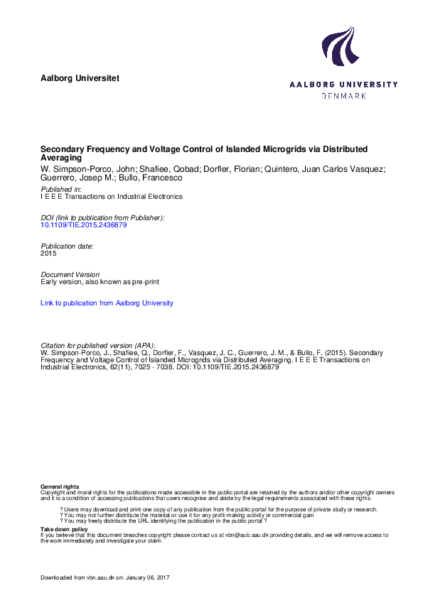 (PDF) Secondary Frequency and Voltage Control of Islanded Microgrids via Distributed Averaging