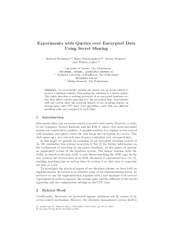(PDF) Experiments with Queries over Encrypted Data Using Secret Sharing