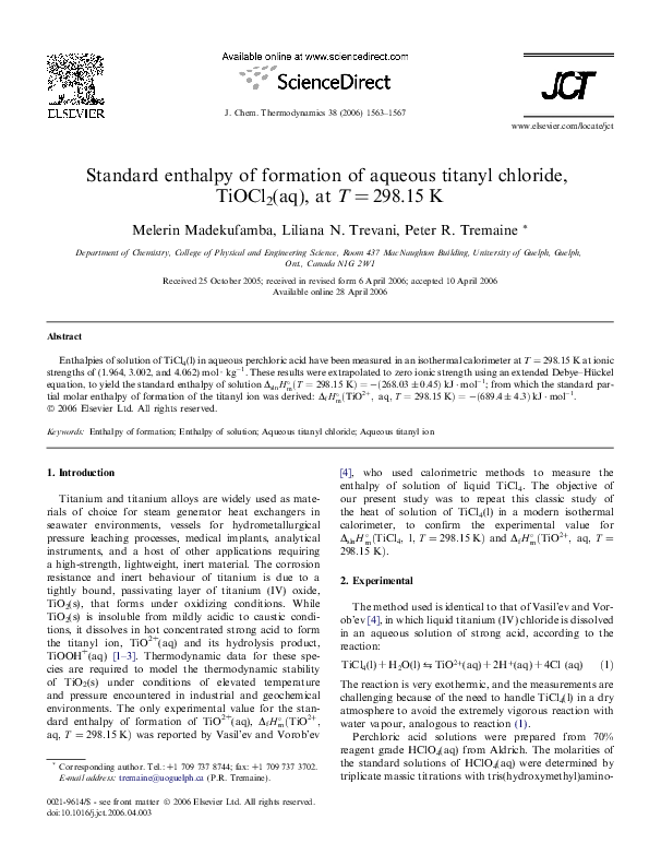 (PDF) Standard enthalpy of formation of aqueous titanyl chloride ...