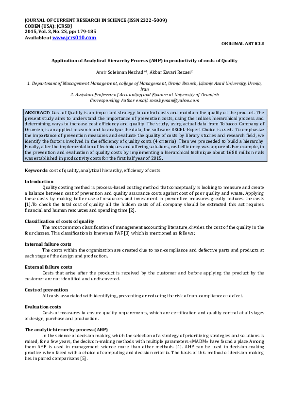 Pdf Application Of Analytical Hierarchy Process Ahp In Productivity Of Costs Of Quality