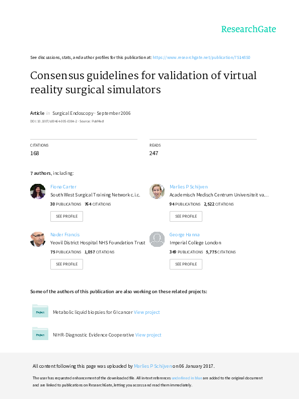 (PDF) Consensus guidelines for validation of virtual reality surgical simulators