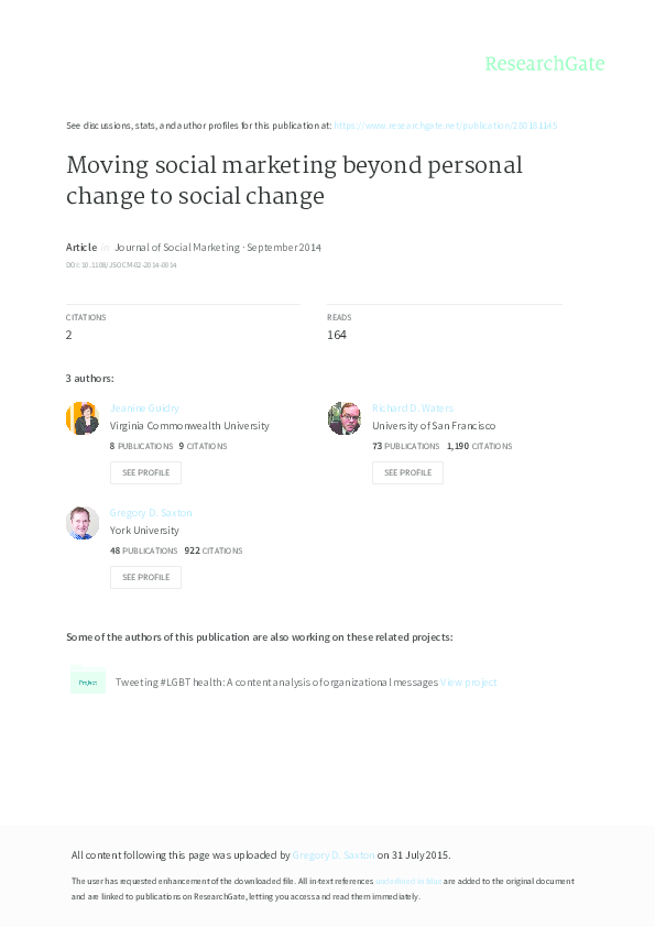 (PDF) Moving social marketing beyond personal change to social change