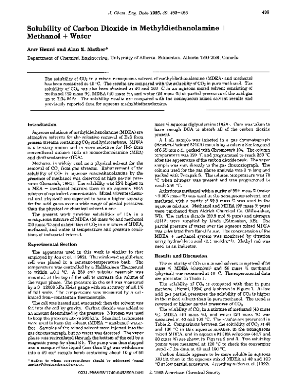 (PDF) Solubility of Carbon Dioxide in Methyldiethanolamine + Methanol + Water