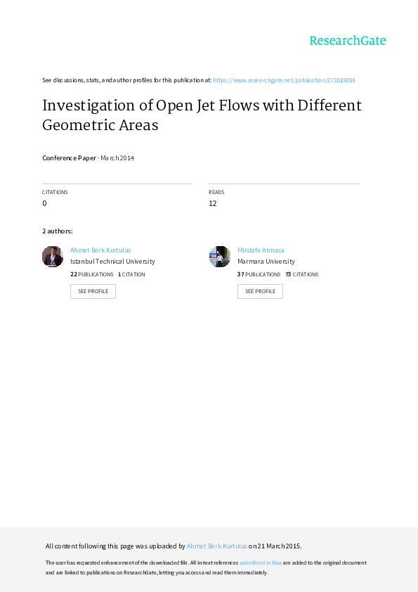 (PDF) Investigation of Open Jet Flows with Different Geometric Areas