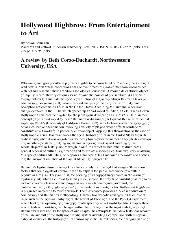 (PDF) Review of Hollywood Highbrow by Shyon Baumann.