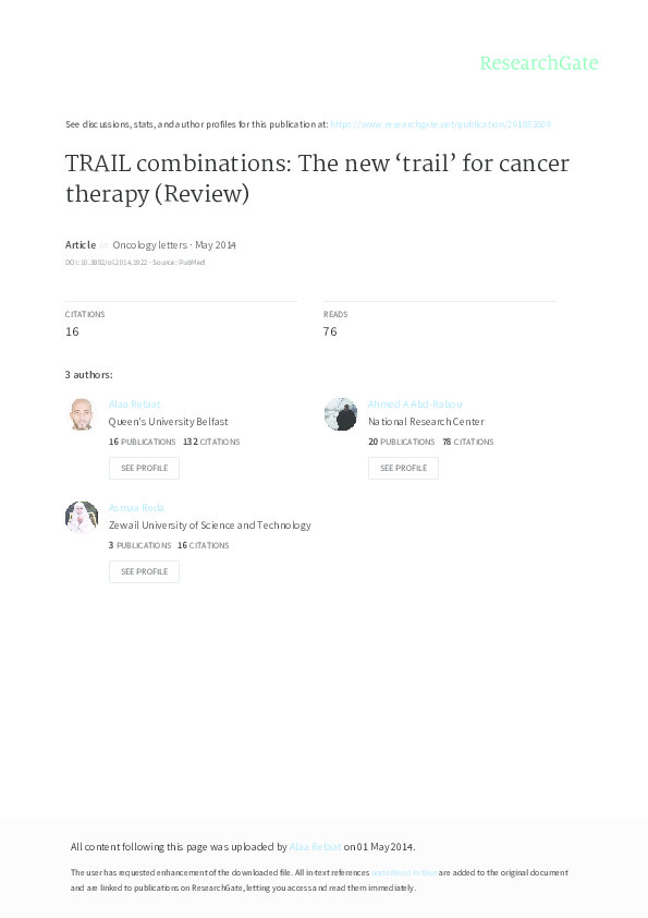 (PDF) TRAIL combinations: The new ‘trail’ for cancer therapy (Review)