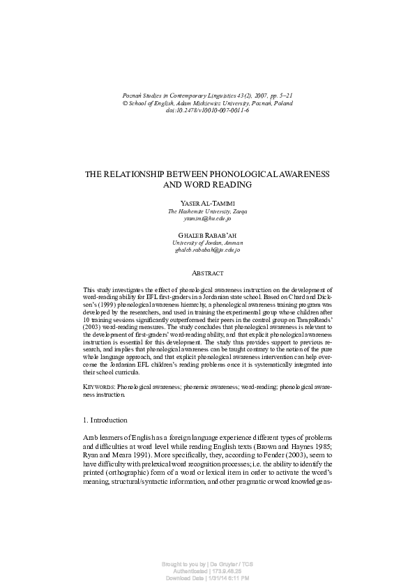 (PDF) RELATIONSHIP BETWEEN PHONOLOGICAL AWARENESS, RAPID AUTOMATIZED NAMING AND READING IN FIRST ...