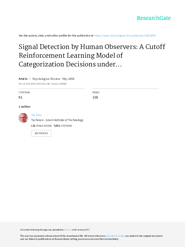 (PDF) Signal detection by human observers: A cutoff reinforcement learning model of ...