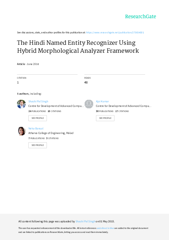 (PDF) The Hindi Named Entity Recognizer Using Hybrid Morphological Analyzer Framework