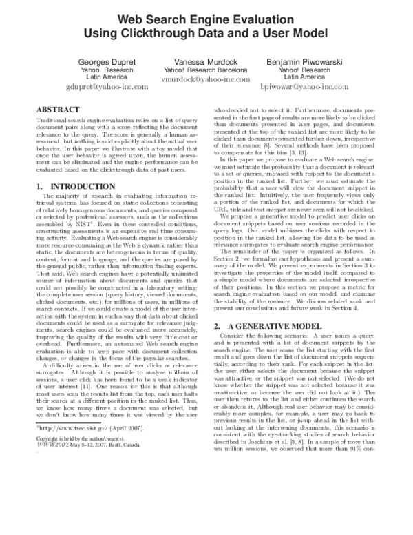 (PDF) Web search engine evaluation using clickthrough data and a user model