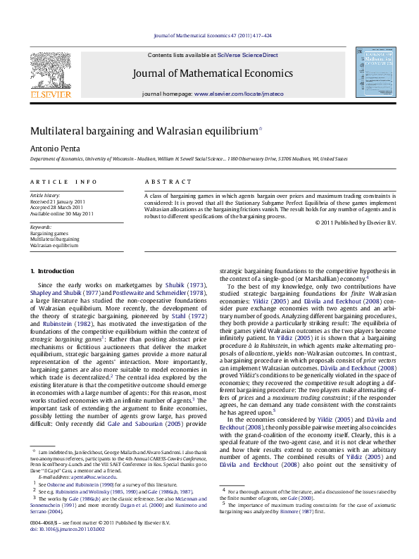 (PDF) Multilateral bargaining and Walrasian equilibrium