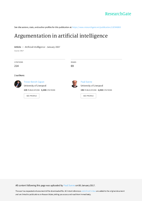 (PDF) Argumentation in artificial intelligence | Trevor Bench-Capon ...