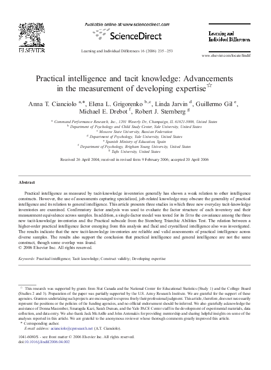 (PDF) Practical intelligence and tacit knowledge: Advancements in the measurement of developing ...