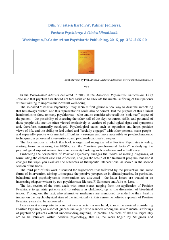 (PDF) Positive Psychiatry A Clinical Handbook. Dilip V. Jeste & Barton ...