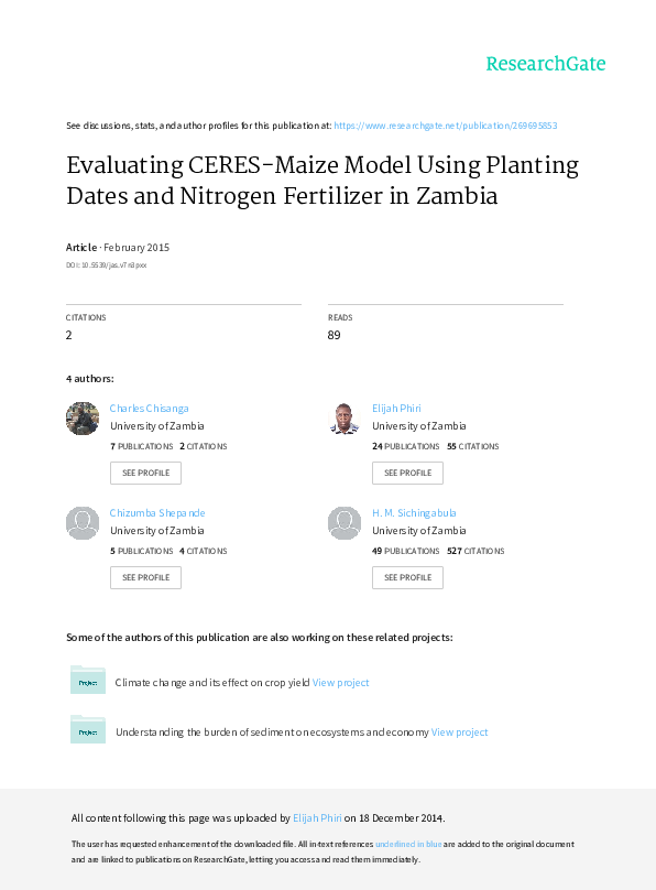 Pdf Evaluating Ceres Maize Model Using Planting Dates And Nitrogen Fertilizer In Zambia