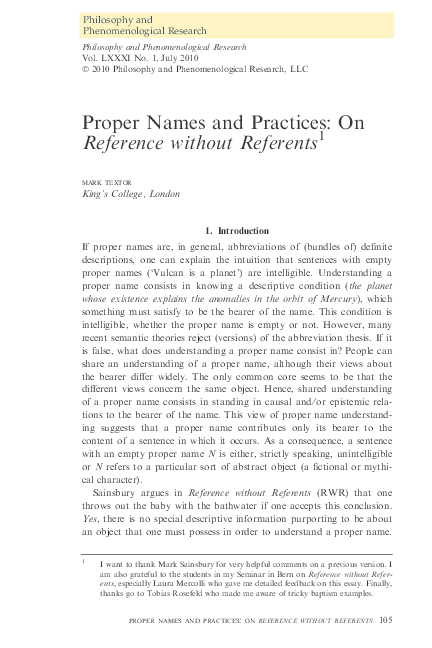 (PDF) Proper Names and Practices: On Reference without Referents