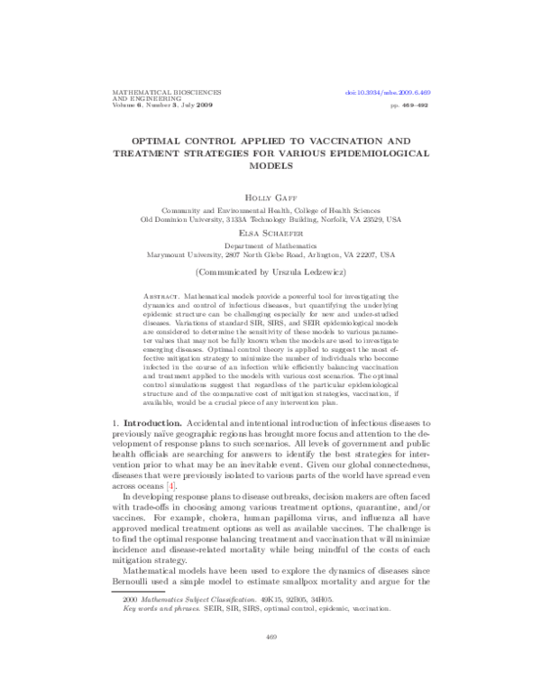 (PDF) Optimal control applied to vaccination and treatment strategies ...
