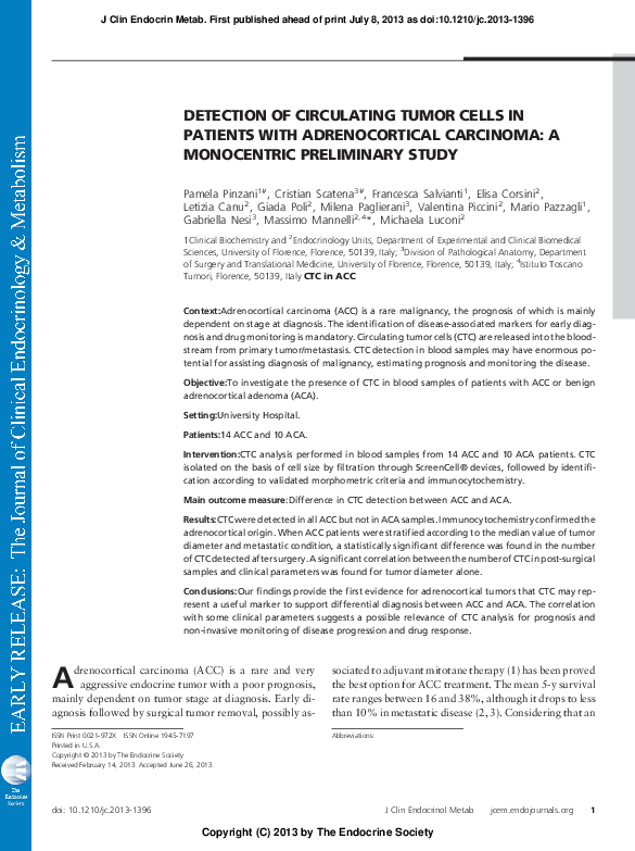 (PDF) DETECTION OF CIRCULATING TUMOR CELLS IN PATIENTS WITH ADRENOCORTICAL CARCINOMA: A ...